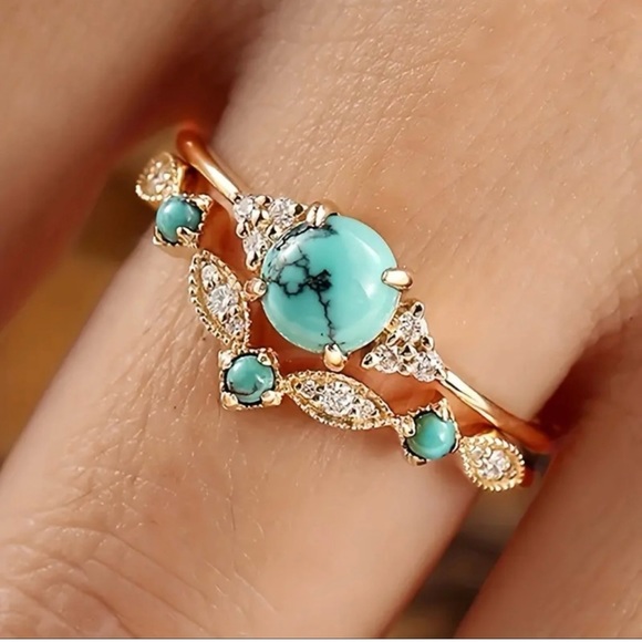 Jewelry | 14k Gold Plated Turquoise Bohemian Ring Set | Poshmark